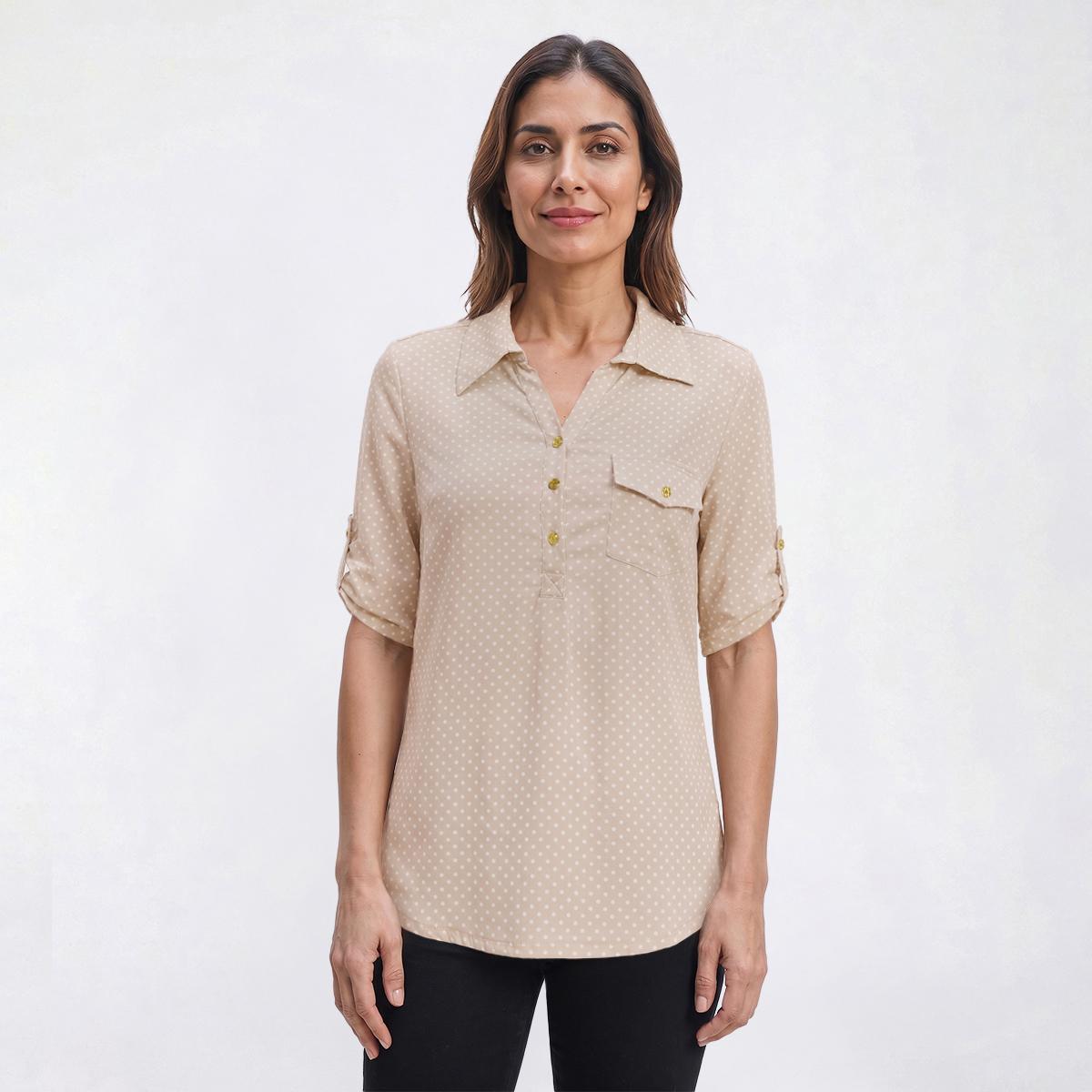 Click here for Womens Emily Daniels Roll Tab Elbow Sleeve Dot Blo... prices